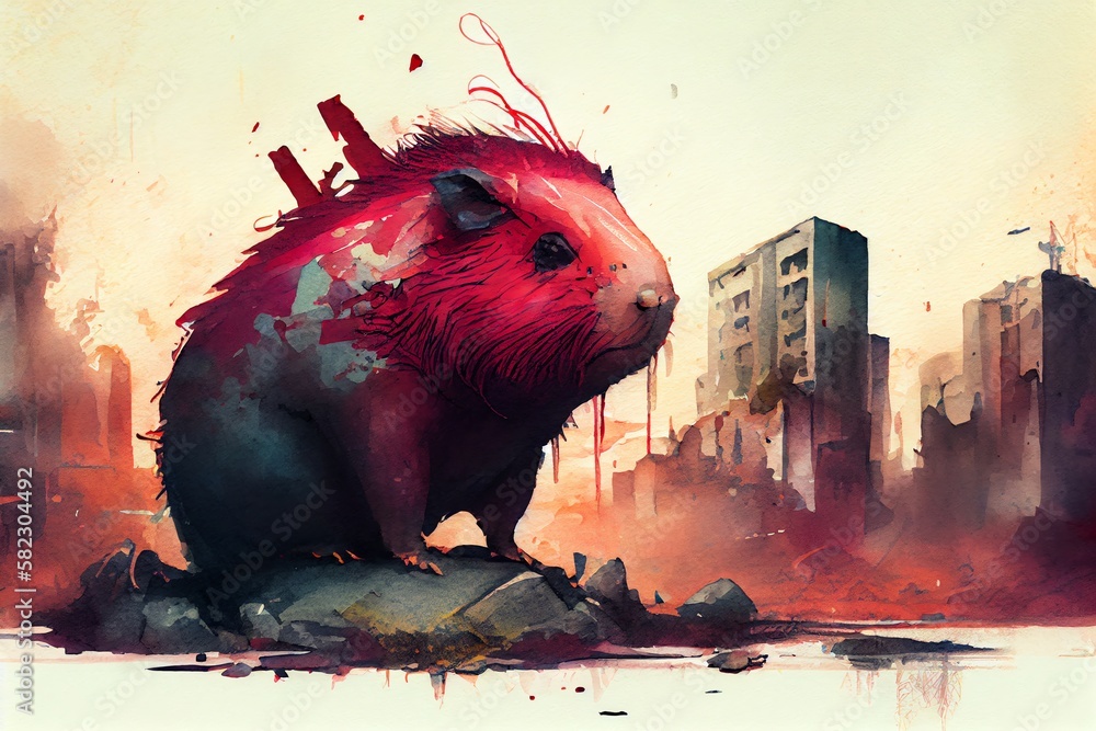 Watercolor Illustration of a Giant Guinea Pig Monster Covered In Blood ...