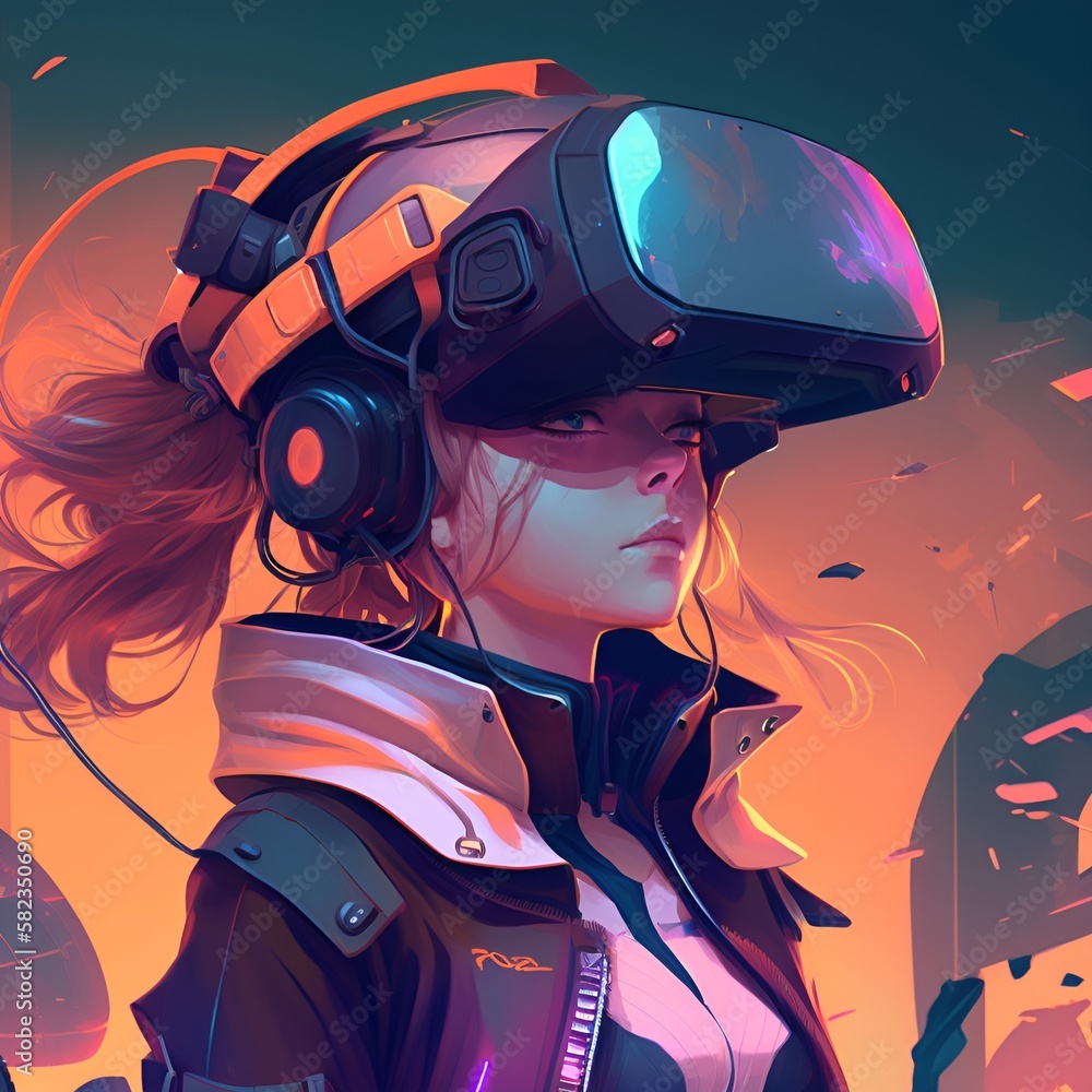 Girl in the metaverse wearing a VR headset, AI, Woman neon light ...