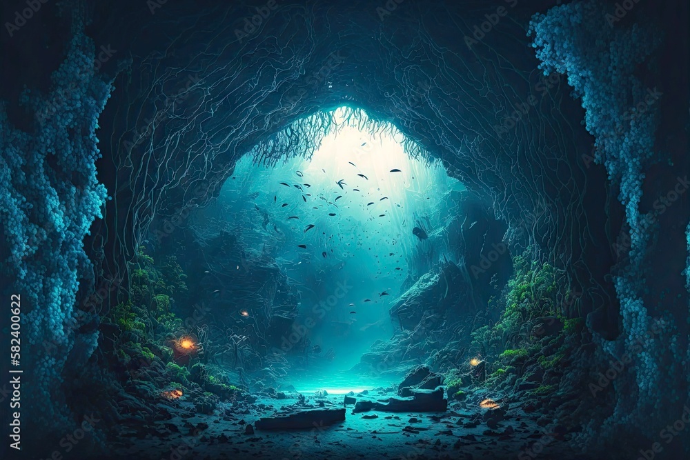mysterious dark underwater cave with reefs journey to bottom of sea ...