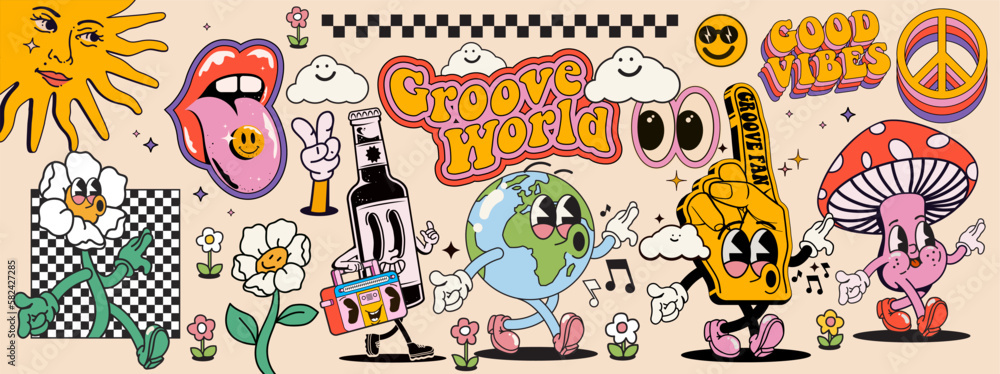 Set of vintage groovy characters and elements for poster of sticker ...