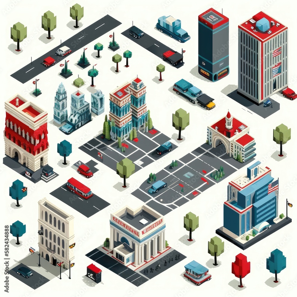 sprite sheet of of isometric vector art, city buildings, streets river ...