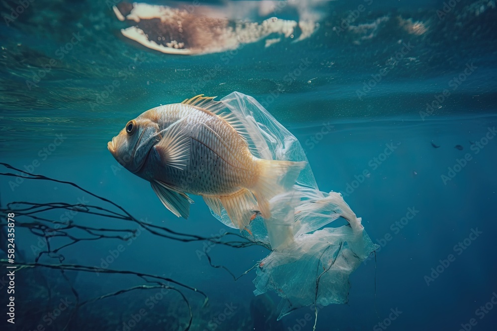 Fish trapped in plastic trash. Plastic pollution in ocean environmental ...