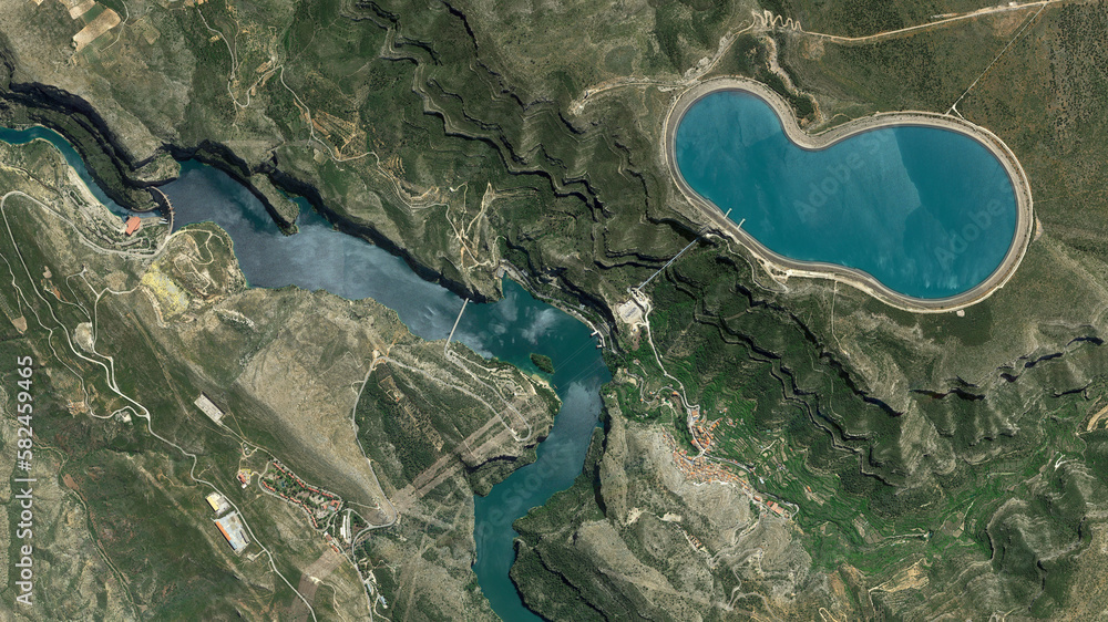 pumped storage hydropower plant, upper reservoir, lower reservoir and ...