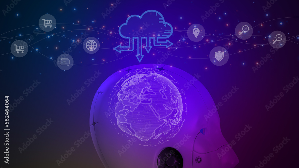 Robot head shows global earth hologram. AI artificial intelligence, machine learning concept ...