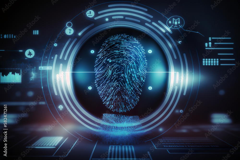 A digital fingerprint is surrounded by a glowing, futuristic interface ...