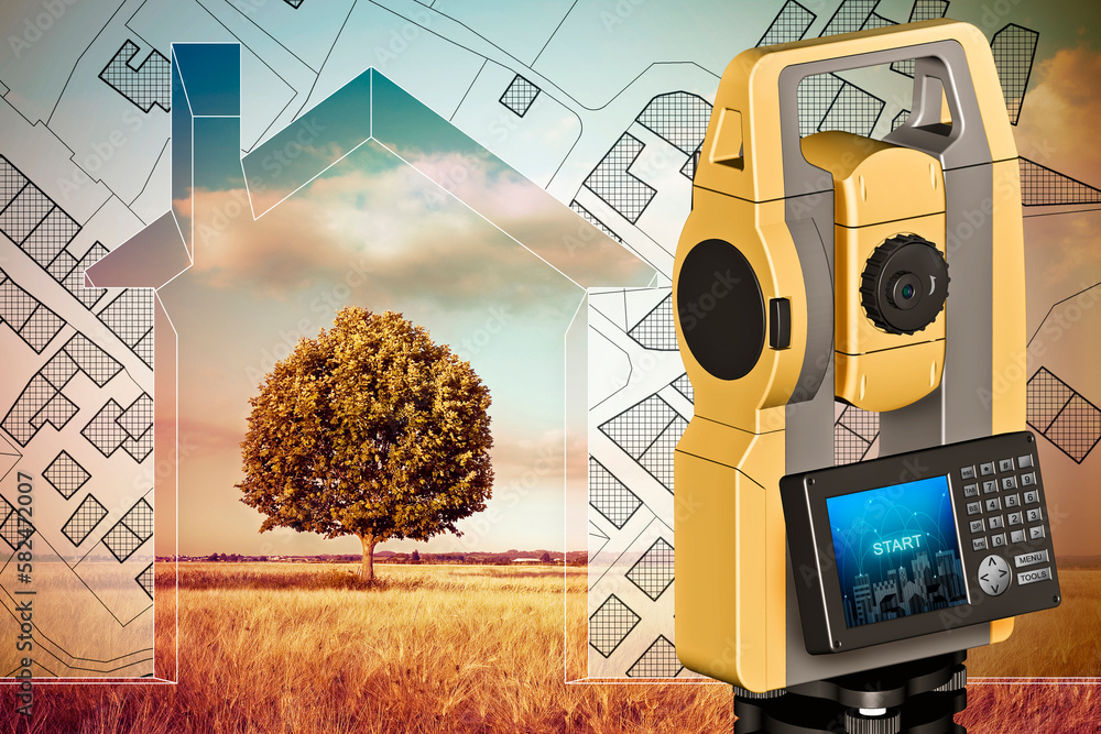 Rural scene with imaginary cadastral map of territory with buildings ...