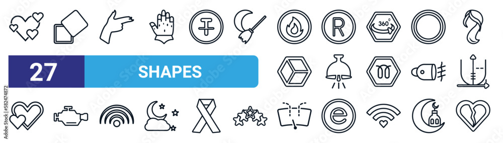 set of 27 thin line shapes icons such as lover, framework, finger gun ...