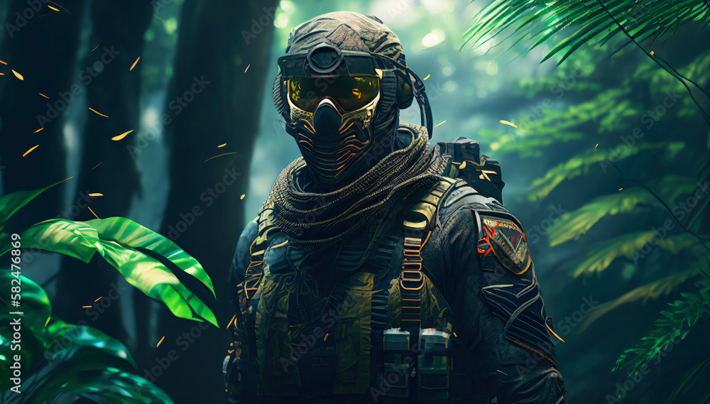 special forces commando soldiers navigating their way through a dense jungle environment. Clad ...