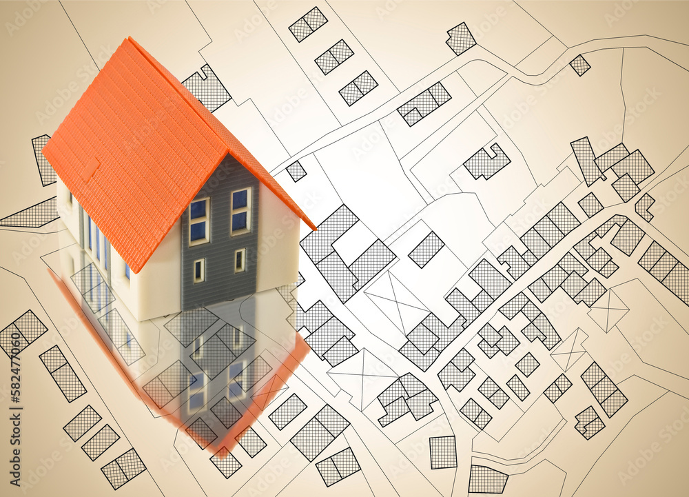 Cadastral map with buildings, free land parcel for house construction ...