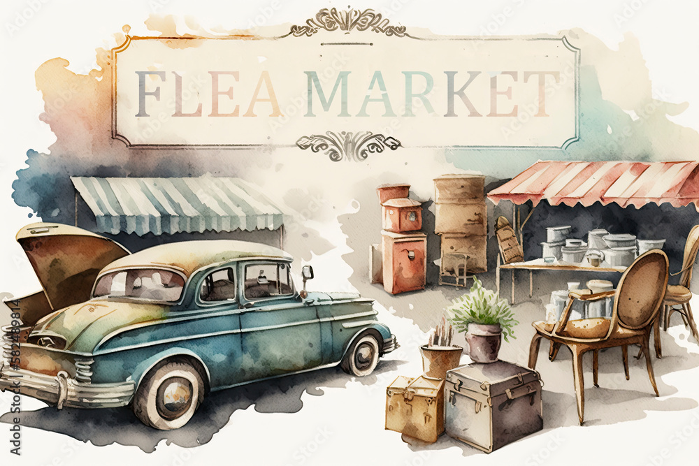 Watercolor clipart sheet of flea market scene with an old car and ...