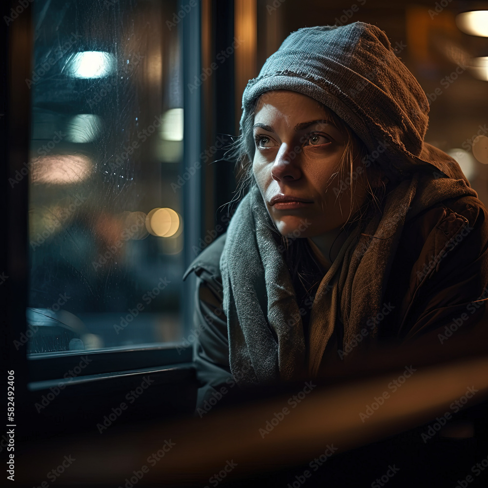 Generative AI - A homeless woman looking out a window at the night time ...