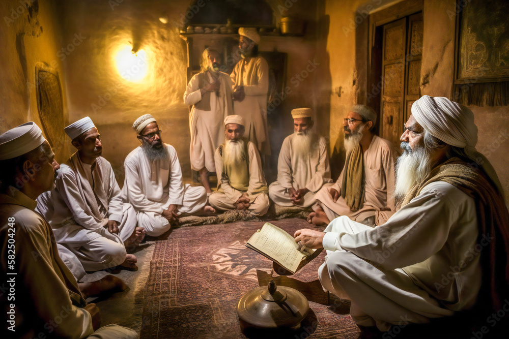 Middle East old Muslim wise man or master talking to his students or ...