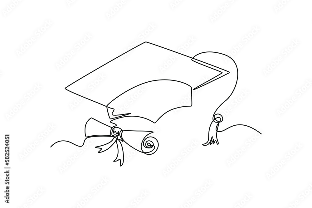 Continuous one-line drawing graduation cap and certificate. Class of ...