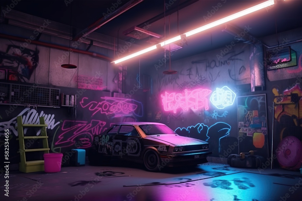 Stock-Illustration „Cyberpunk garage of the future. Futuristic car ...