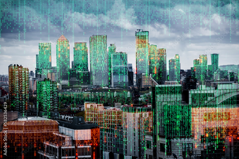 City of London view with matrix concept and digital connections ...