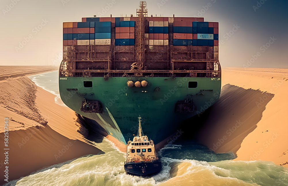 Container cargo ship accident crash sandy canal. Concept Global problem ...