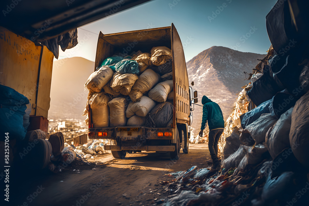 Landfill waste disposal. Industry garbage truck unloads rubbish in dump ...