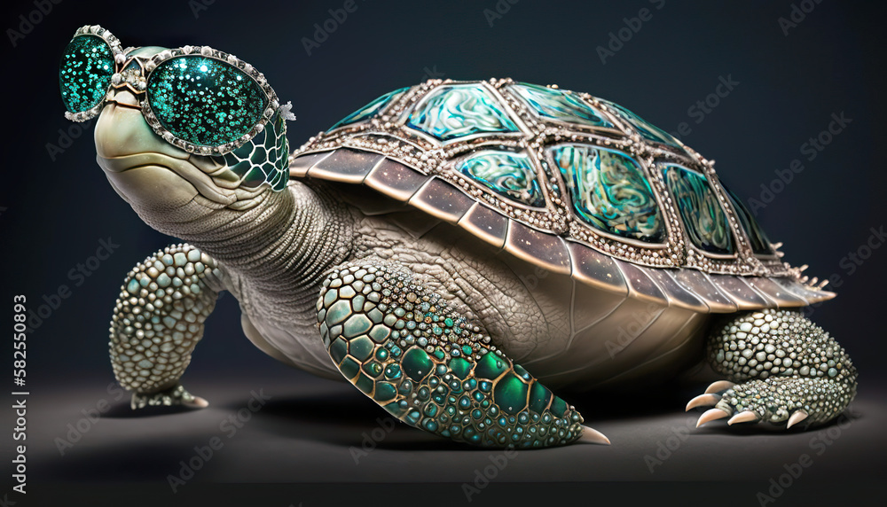 Jewel turtle in luxury glasses. The turtle is covered with emeralds ...