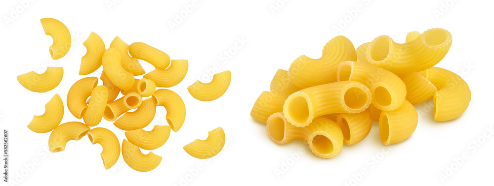 raw macaroni pasta isolated on white background with full depth of ...
