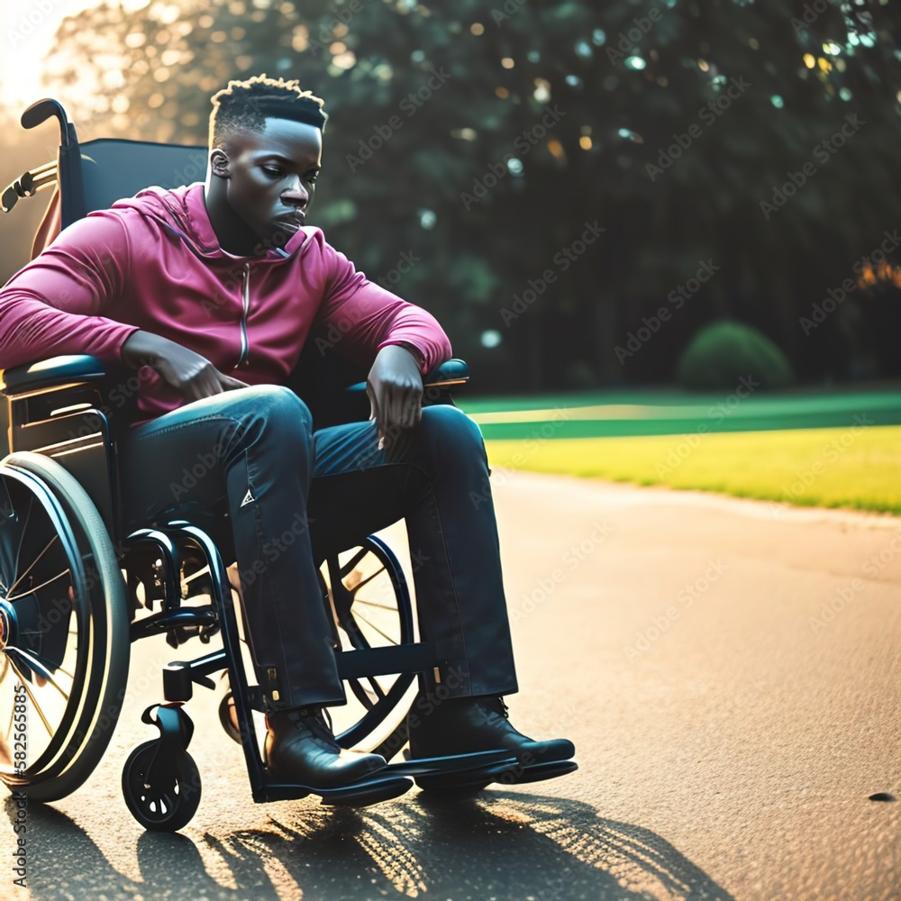 African-American man in a wheelchair. Park background. Disability ...