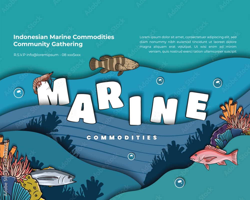 Ocean or marine design template for social media with fish coral and ...