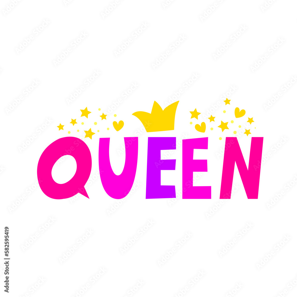 "Queen" Hand written text with cartoon crown and doodle fillers Stock ...