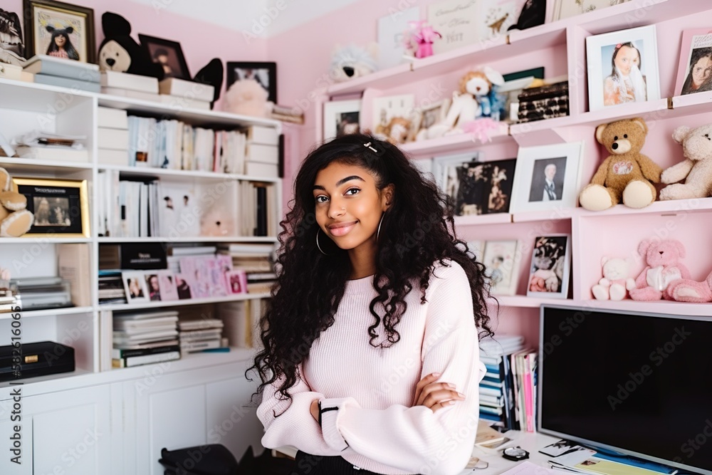 teenager black american girl influencer posing like a star in her room ...