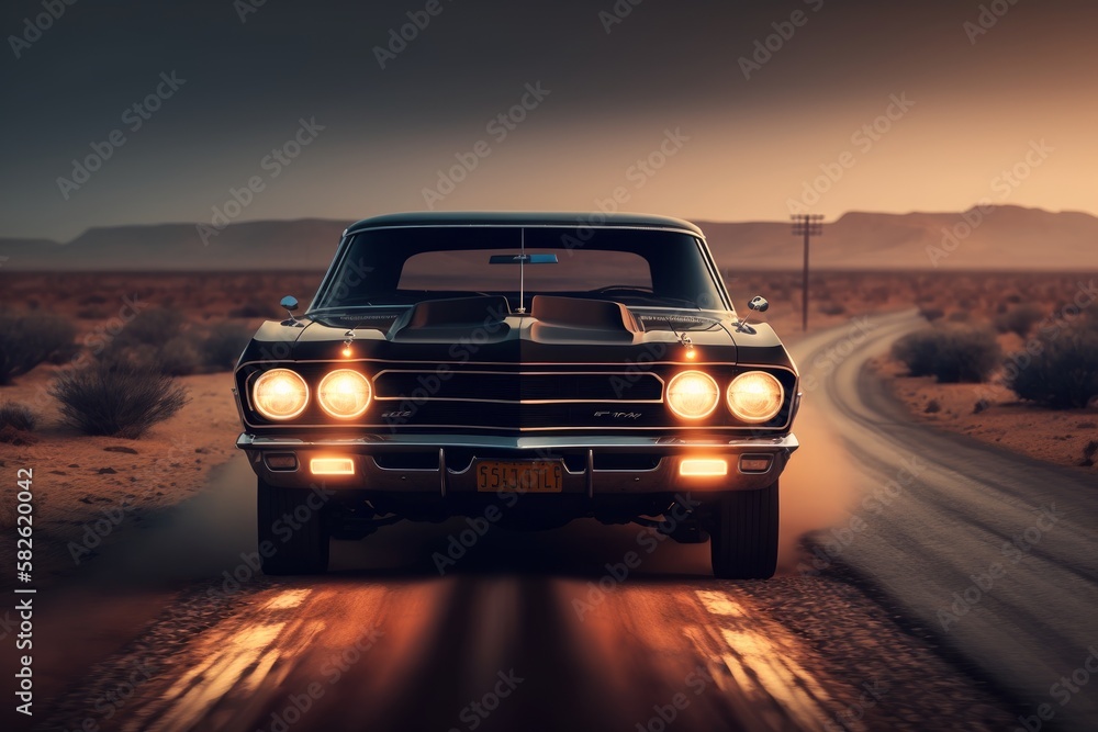Koda's Muscle Car Racing through a Deserted Highway at Dusk Amidst Neon ...