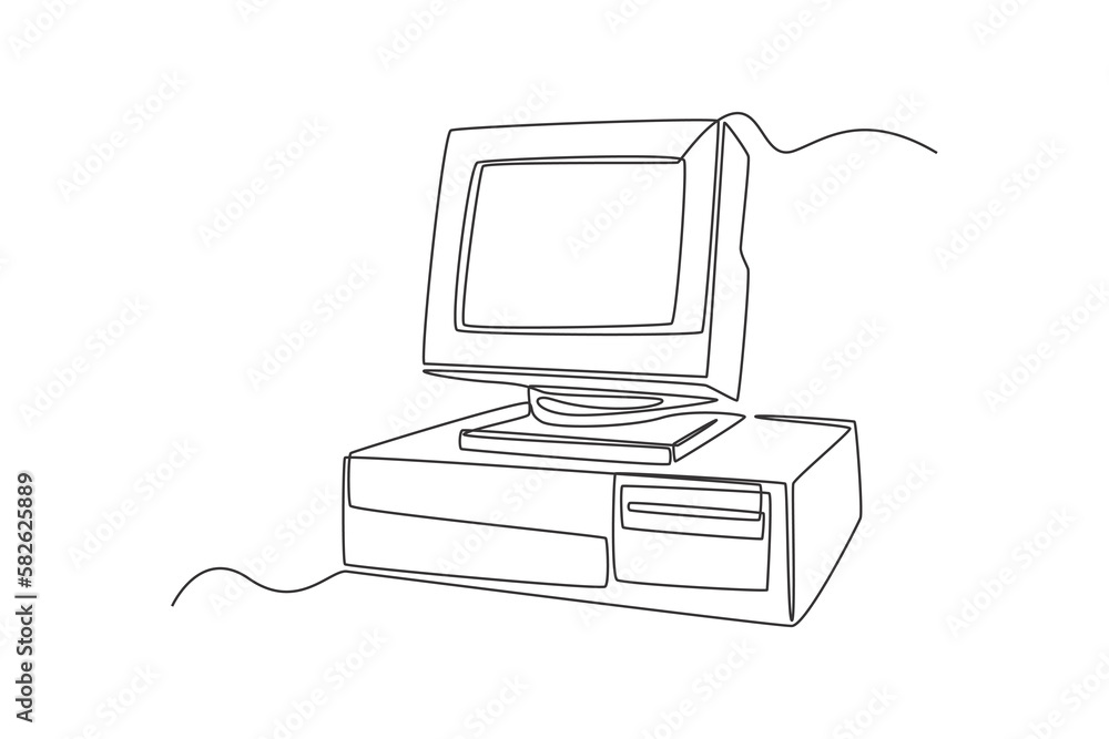 Continuous one-line drawing classic 70s computer. 70s style concept ...