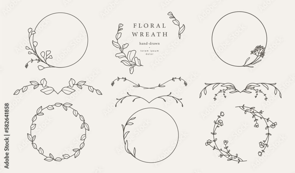 Minimal circle flower frames and borders. Set of botanical simple hand ...