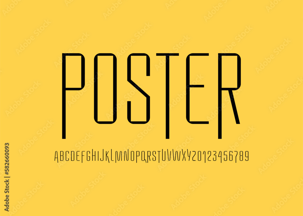 Condensed black font, narrow alphabet, modern letters and numbers, for ...