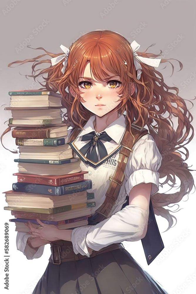 a beautiful nerdy anime girl with a lot of books, manga artwork ...