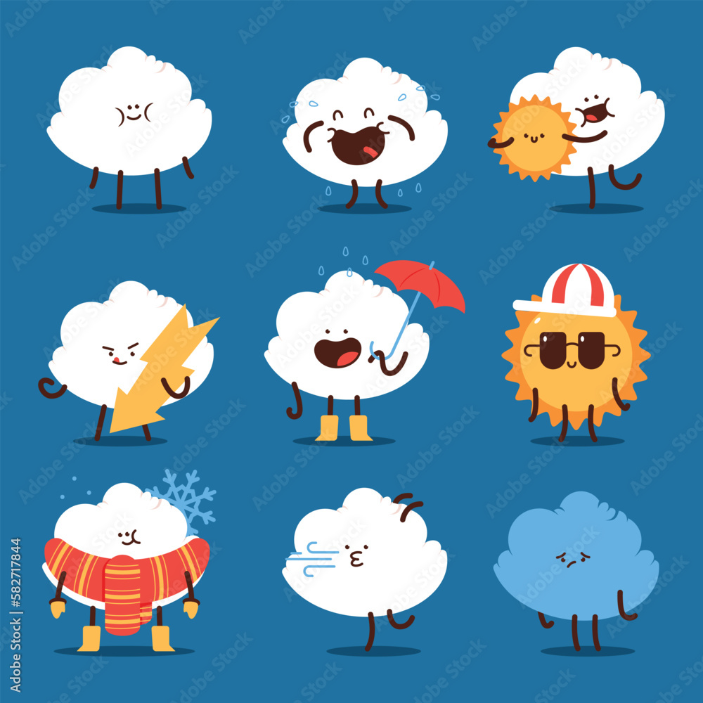 Cute weather characters with funny cloud and sun vector cartoon set ...