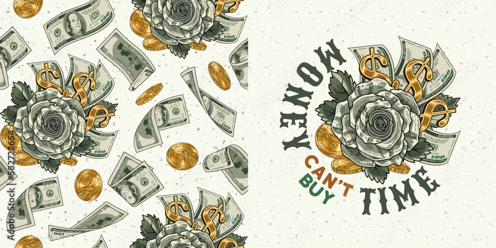 Set with pattern, label with cash money, green rose made of 100 US ...