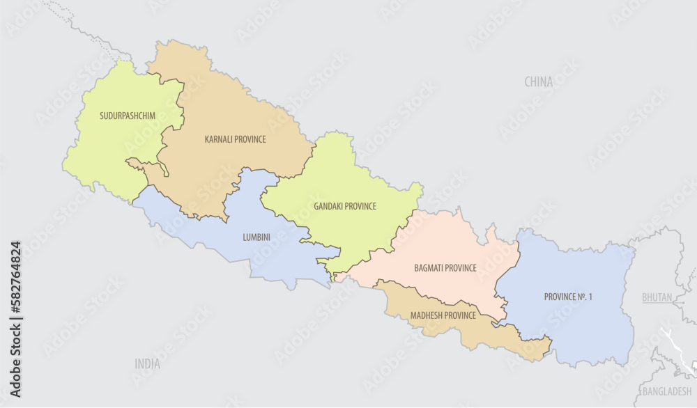 Detailed map of Nepal with administrative divisions and borders of neighboring countries, vector ...