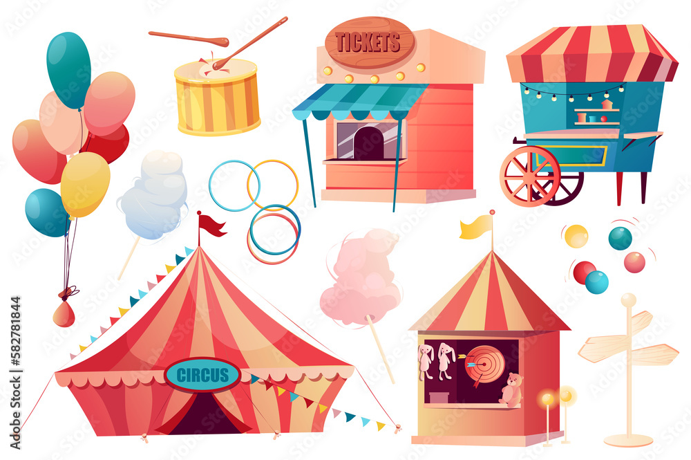 Circus set graphic elements in flat design. Bundle of stalls with ...