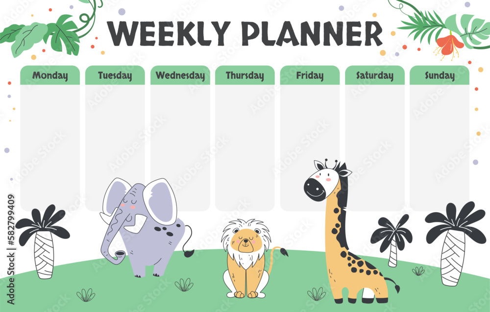 Kids jungle animal planner template school week poster concept. Vector ...