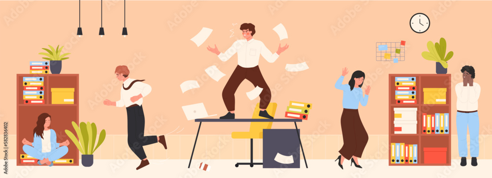 Vetor Angry boss shouting about deadline, yelling at busy employees ...