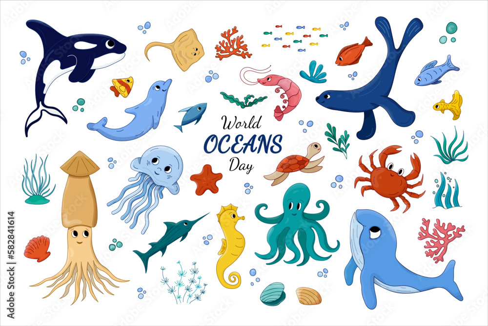 Cartoon sea animal Set. Vector illustration Oceans animals undersea ...
