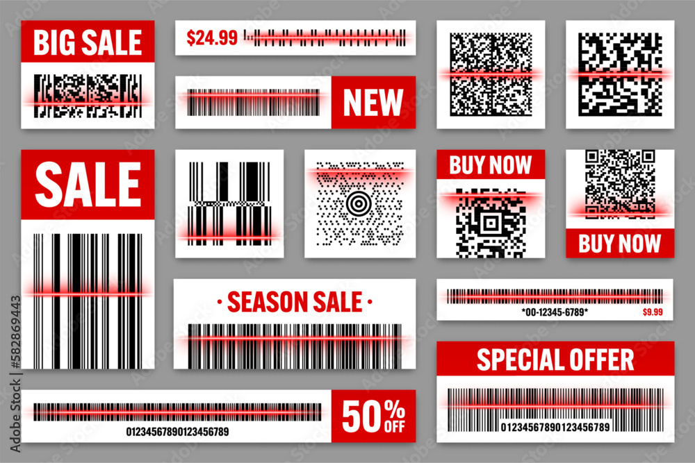 Product barcodes and QR codes with red scanning line. Sale stickers ...