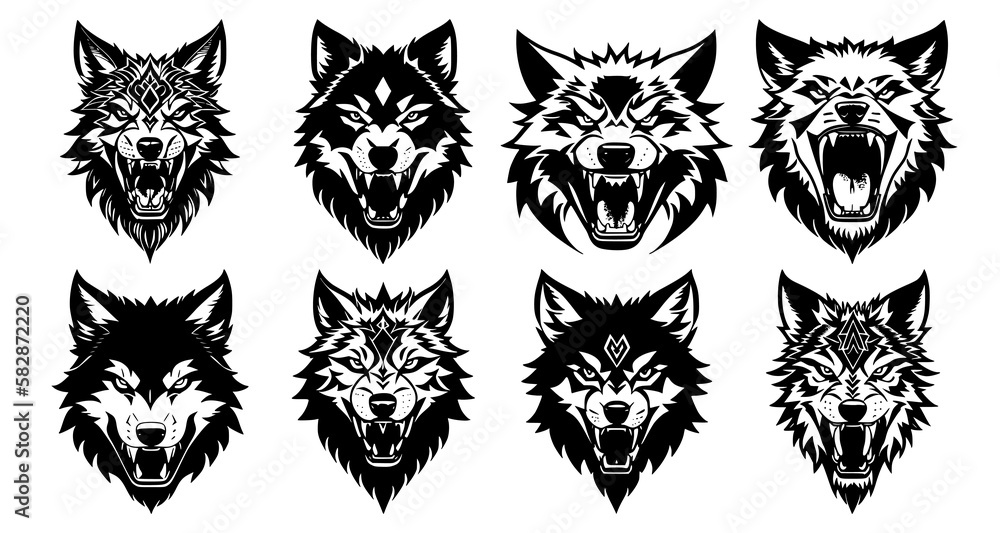 Set of wolf heads with open mouth and bared fangs, with different angry ...