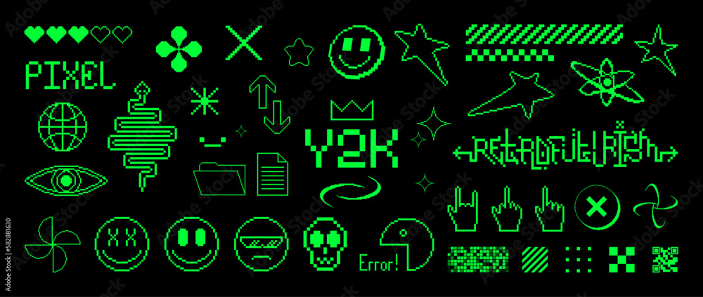 Y2k Pixel art, trendy elements in vaporwave acid style. Universal ...