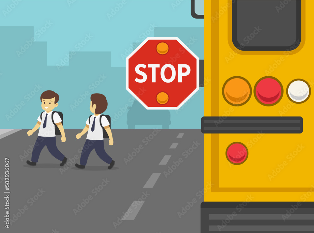 Driving rules and tips. Close-up of school bus with an extended stop ...
