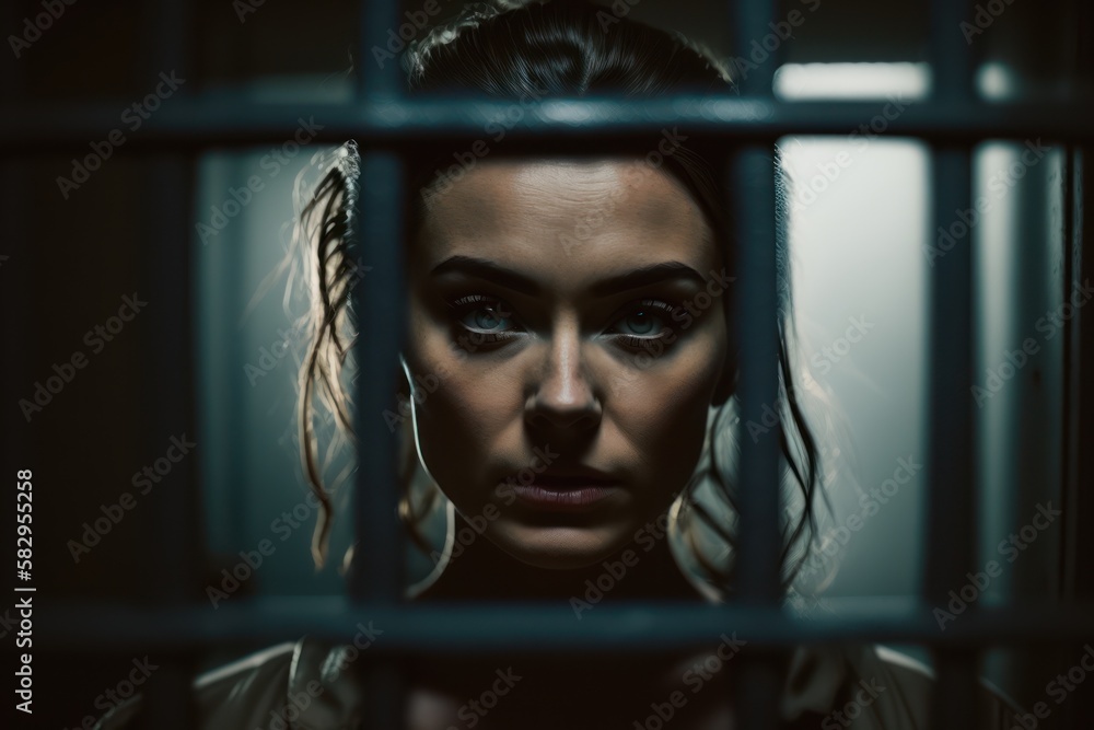 A woman in prison gazes out the window with a sad and lonely expression ...