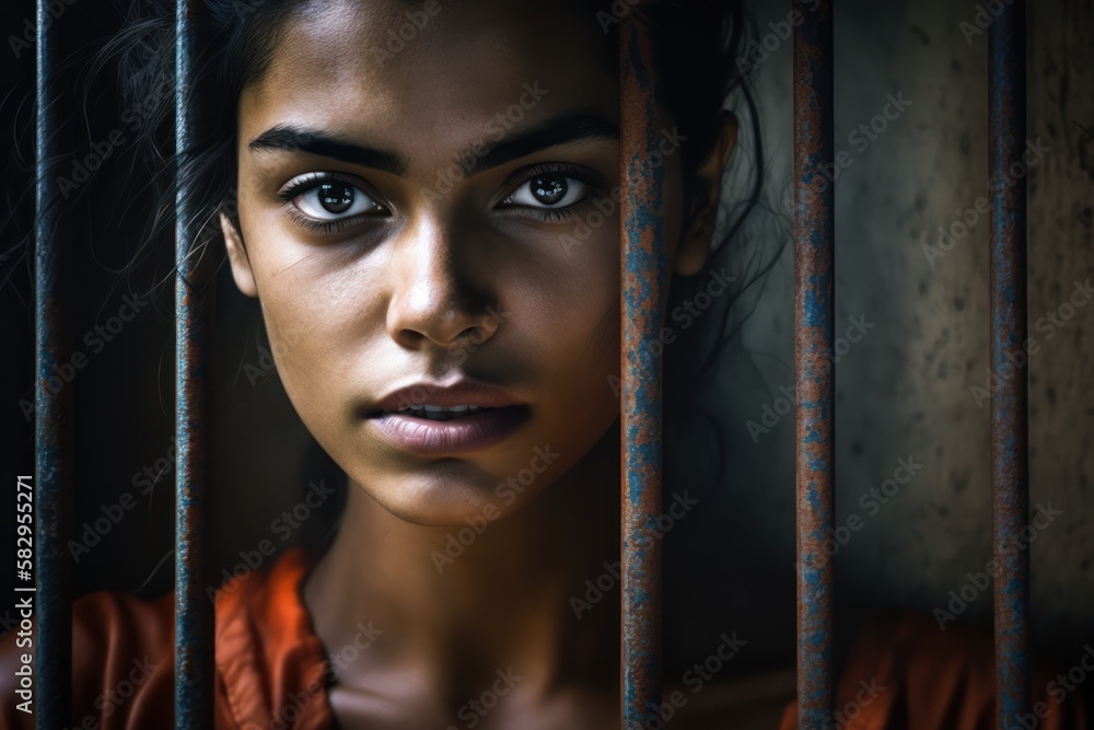 A woman in prison gazes out the window with a sad and lonely expression ...