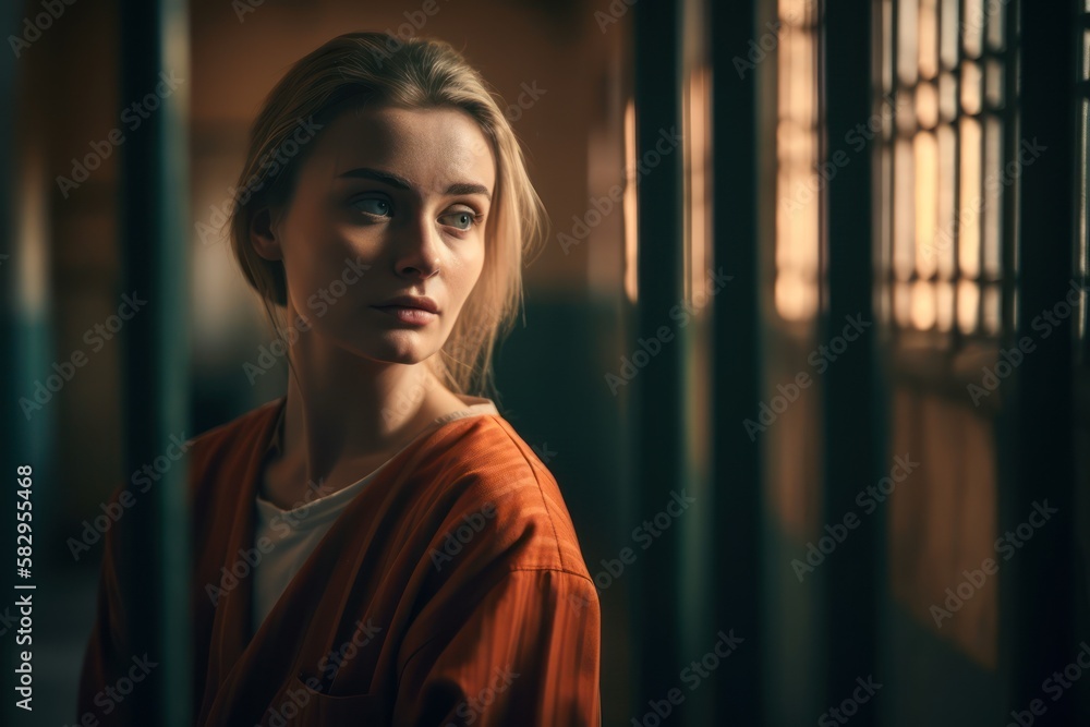 A woman in prison gazes out the window with a sad and lonely expression ...