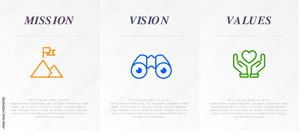 Mission, Vision and Values Infographic Vector template banner design. 3 ...