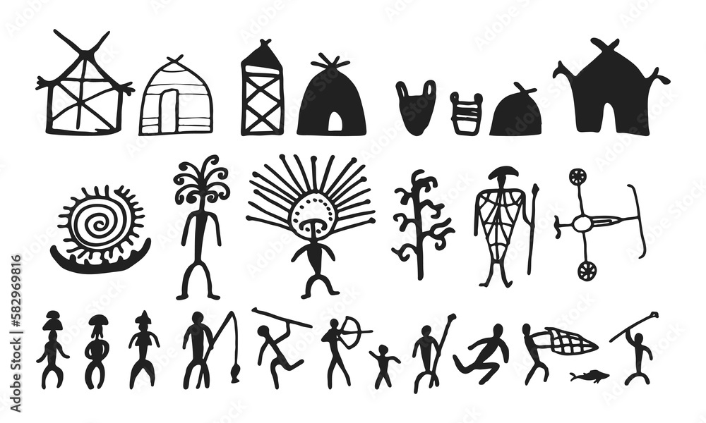 Cave painting prehistoric rock art hand drawn sketch style vector ...