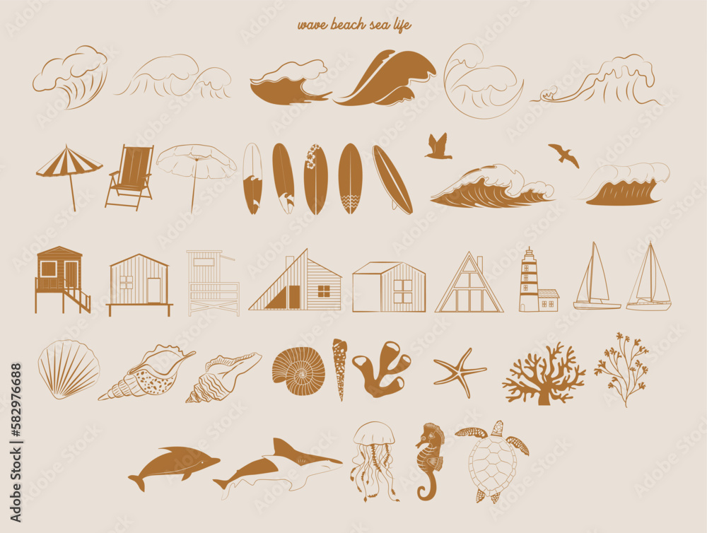 Collection of Summer Boho linear symbols, icons design. Sea waves ...