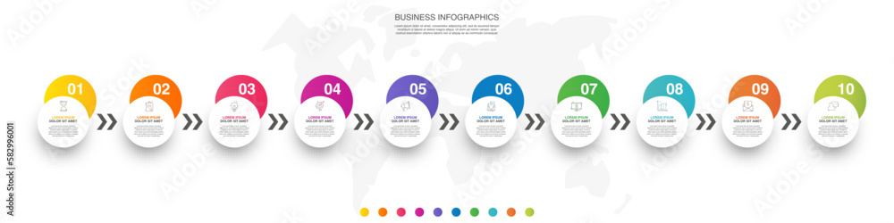 Vector infographics or timeline ten circles cards connected by arrows. Business concept of 10 ...
